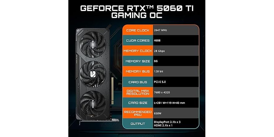 GIGABYTE GeForce RTX 5060 Ti Gaming OC 8G Graphics Card