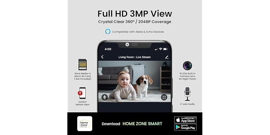 Home Zone Security ES04138G 3MP PTZ Indoor Camera