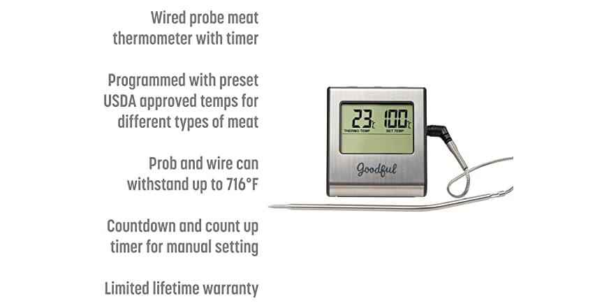 Goodful Wired Probe Meat Thermometer with Timer