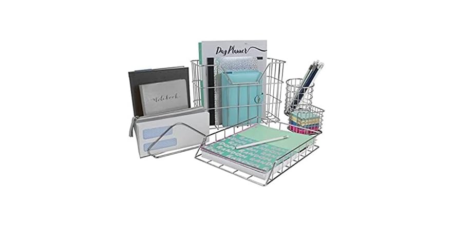 Wire Metal 5 in 1 Desk Organizer Set White