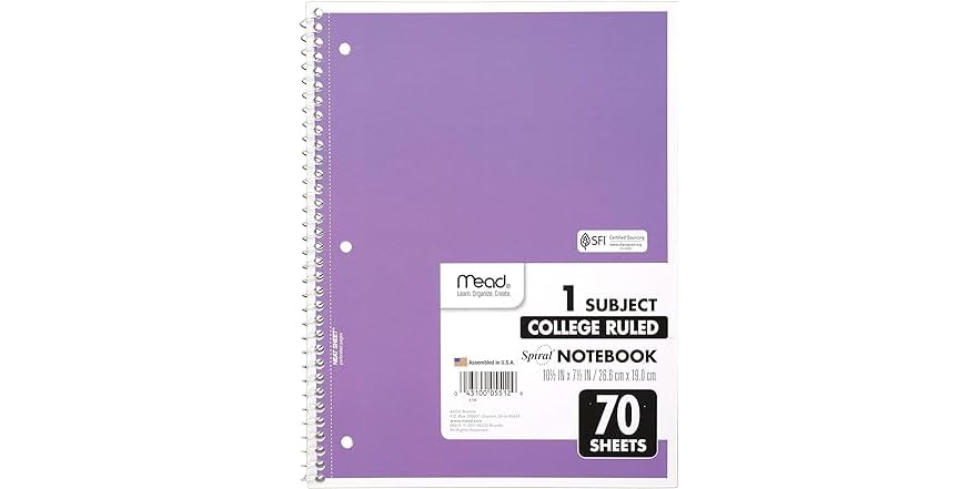 Mead Spiral Notebooks, 1 Subject, College Ruled, 70 Sheets, Assorted Colors
