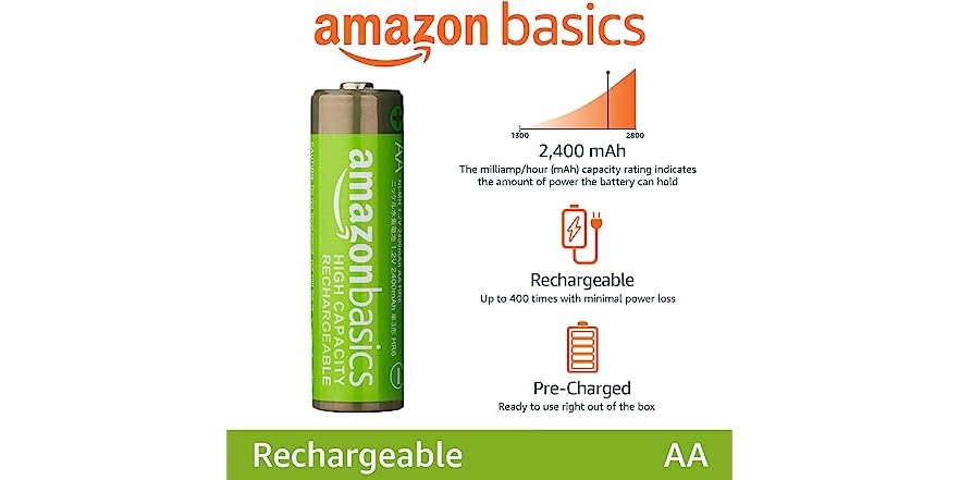(12 PACK) AmazonBasics Rechargeable AA NiMH Batteries