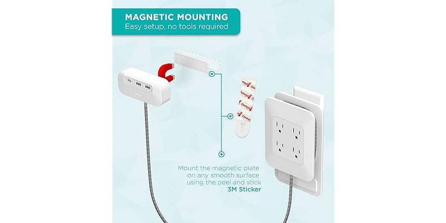 iHome 6FT Multiple Plug Outlet Extender with Magnetic Wall Mount