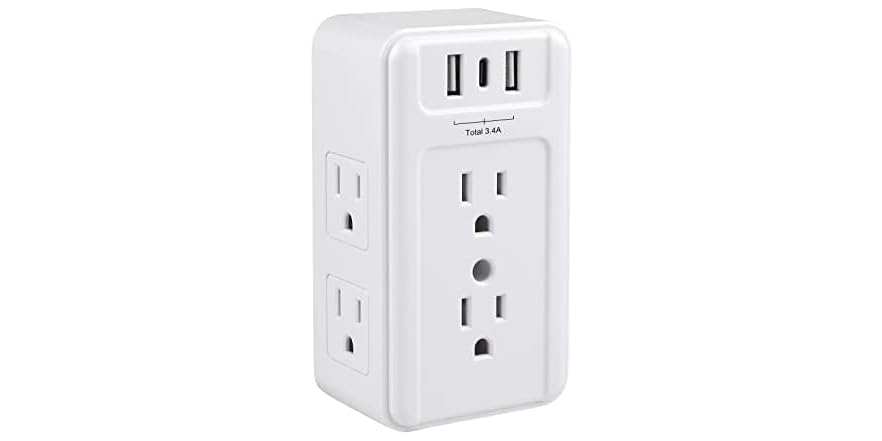 Clear Power 9-IN-1 Power Tap w/3 USB & 6 Outlets