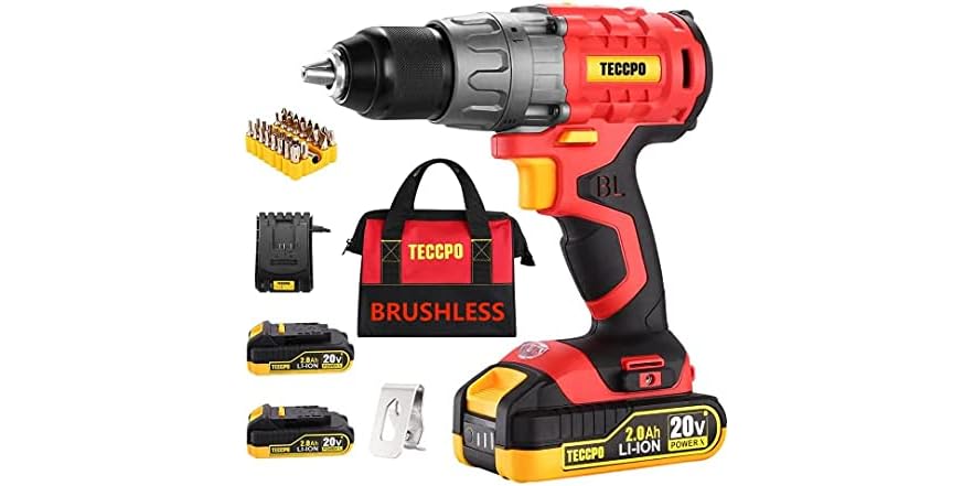 TECCPO 20V Brushless Drill Driver Kit w/ 2 Batteries