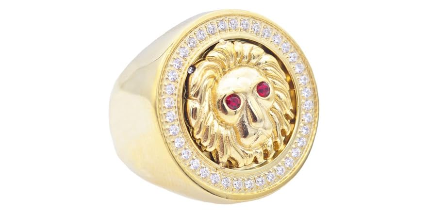 Gold Stainless Steel Red CZ Lion Ring