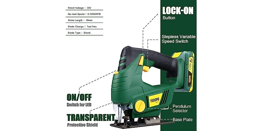 TECCPO Cordless Jigsaw, 20V MAX 2.0Ah Jig Saw Kit