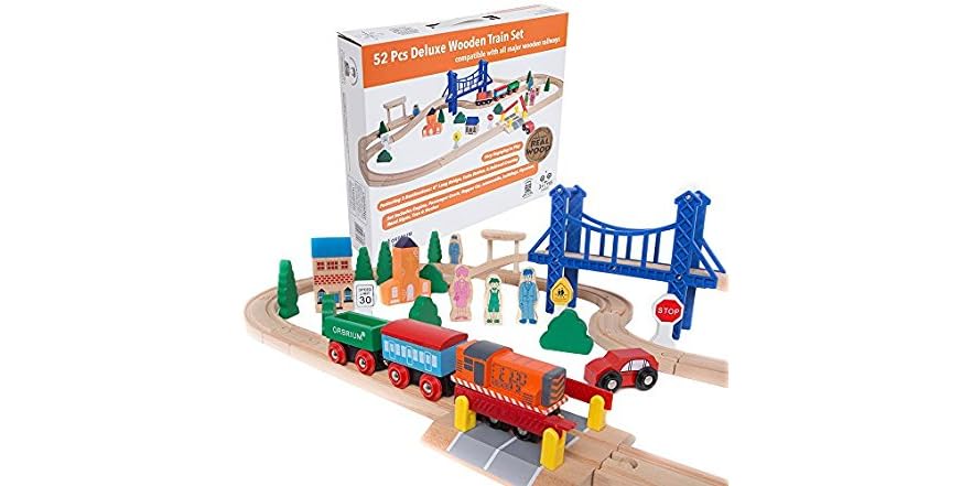 Orbrium Toys 52 Pcs Deluxe Wooden Train…