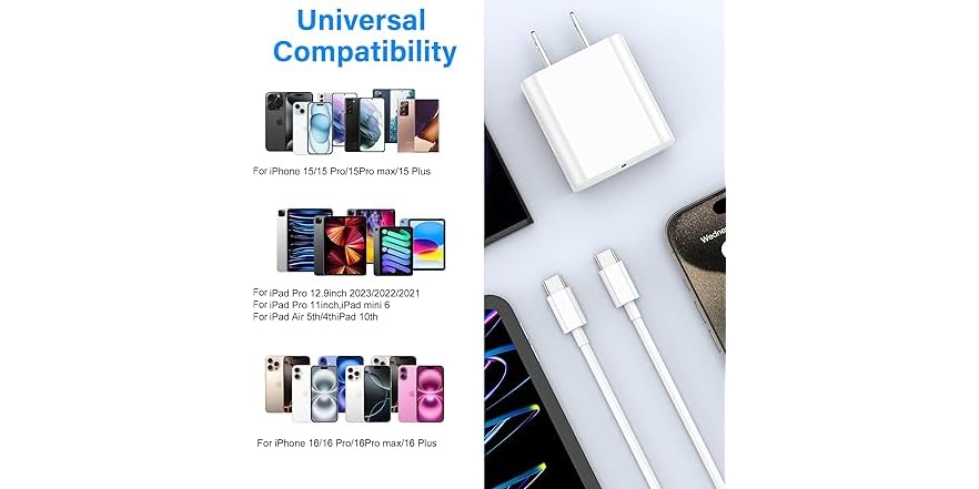 (3 PACK) 20W USB-C Wall Charger with 6ft USB-C Cable