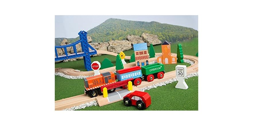 Orbrium Toys 52 Pcs Deluxe Wooden Train…