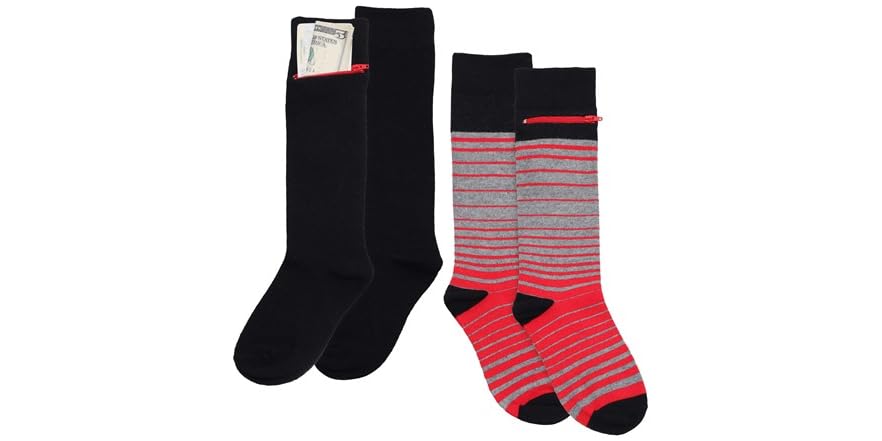 Unisex Crew Socks with Zipper Pocket 2-Pairs