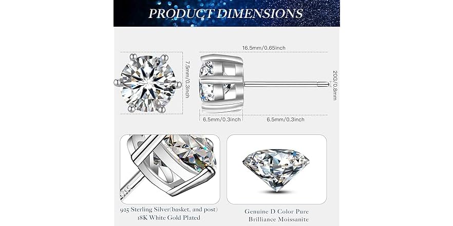 18K Diamond Stud Earrings 1 ct Silver