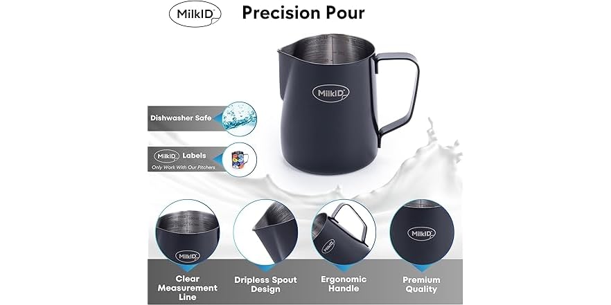 MilkID Milk Frothing Pitcher with Snap-On Labels