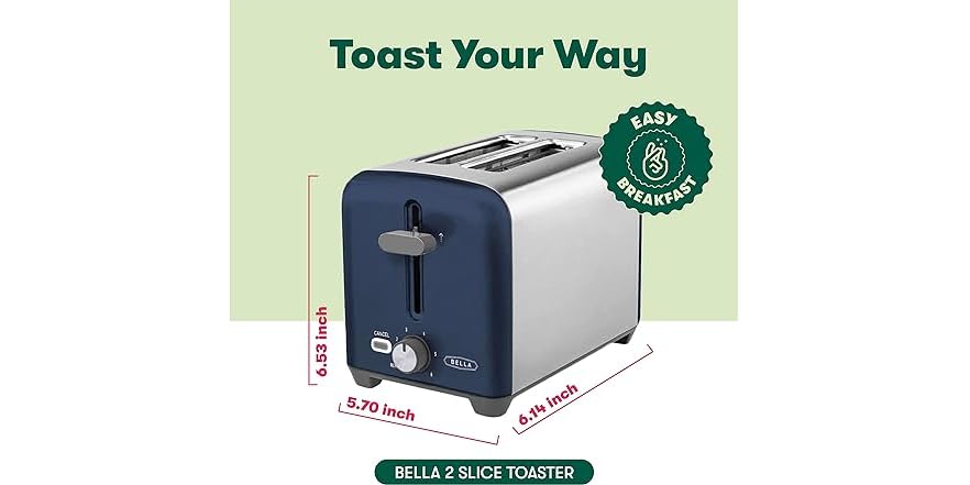 BELLA 2 Slice Toaster, Stainless & Blue