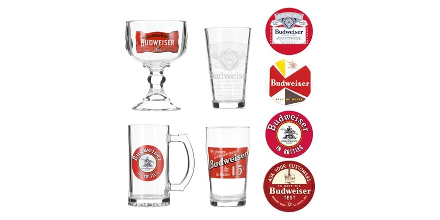 Budweiser 4 Beer Glass and Coaster Deluxe Gift Set