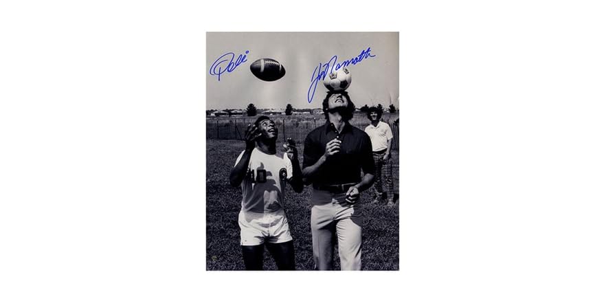 Pele & Joe Namath Dual Signed Practicing Headers 16x20