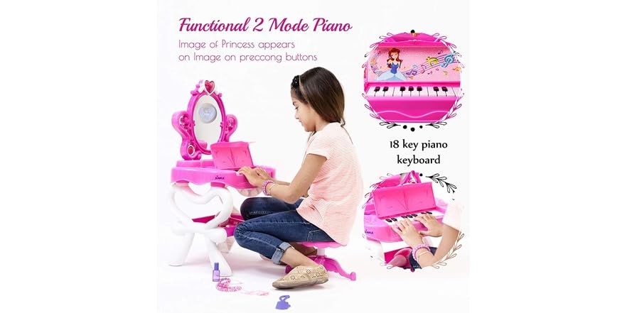 2-in-1 Princess Pretend Play Vanity Set Table w/ Piano