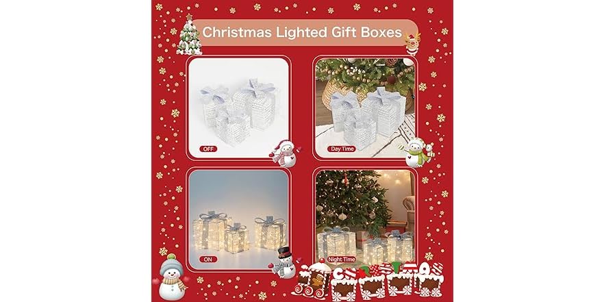 Set of 3 Christmas Lighted Gift Boxes Silver Bow