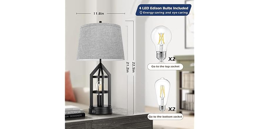BesLowe 2-Light Grey Table Lamps 2Pk