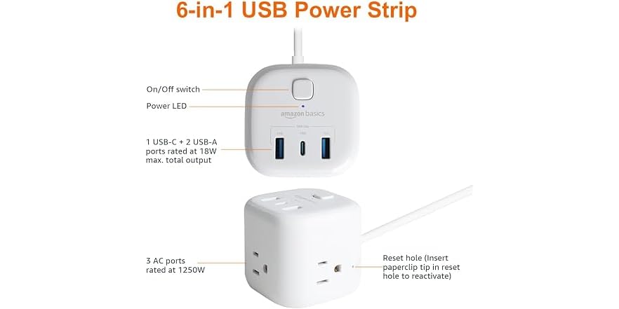 AmazonBasics 5FT 3 Outlet & 3 USB Ports Power Strip Cube