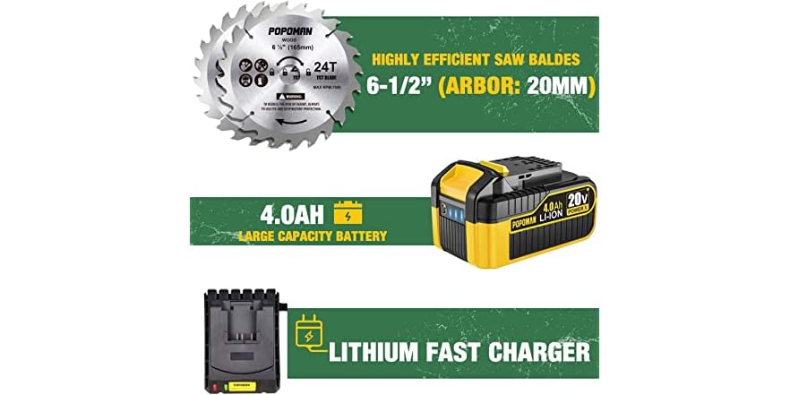 POPOMAN 20V Circular Saw, w/4.0Ah Btty & Chgr