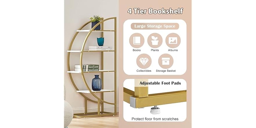 4-Tier L Shaped Bookshelf, Modern Half Moon