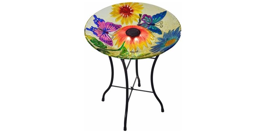Outdoor 18-Inch Butterfly Fusion Glass Solar Bird Bath w/ Stand