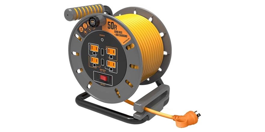 MasterPlug 50' Extension Cord Reel with USB, Grey/Orange