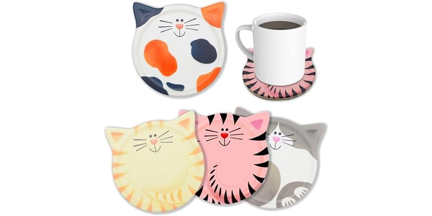 Cat Shaped Ceramic Coasters Set of 8