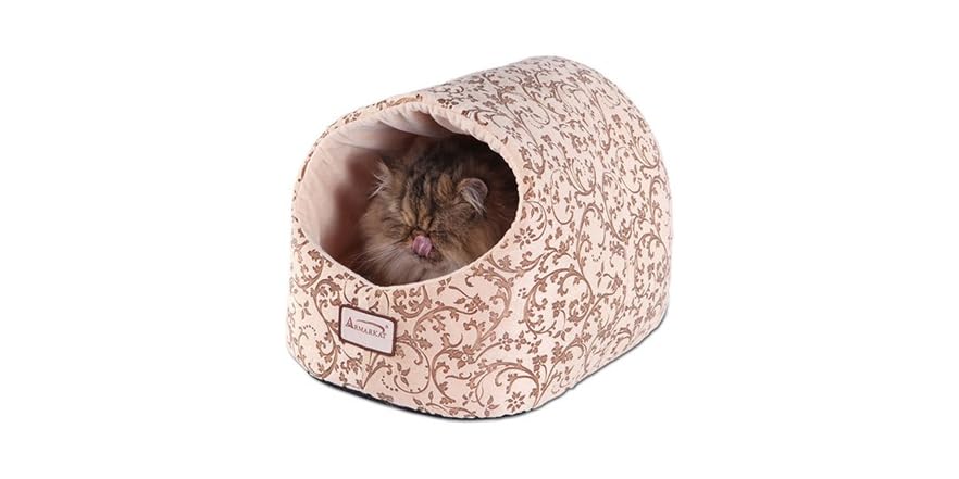 Hooded Cat Bed - Flower Pattern & Beige
