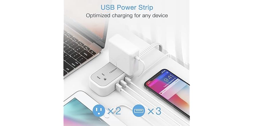 TESSAN 5ft Flat Plug Mini Power Strip (2 Outlets, 3 USB-A Ports)