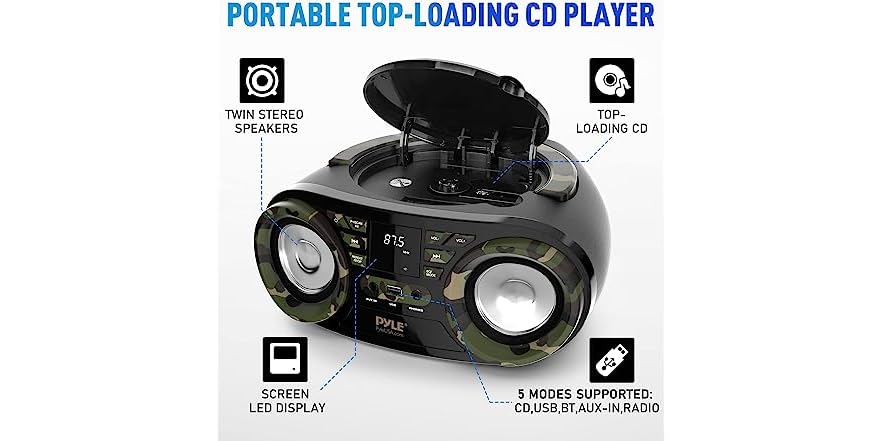 Pyle Portable CD Player Bluetooth Boombox Speaker & Radio