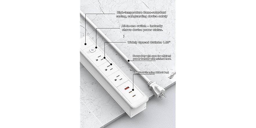 Recessed Power Strip USB C 65W Fast Charging Station