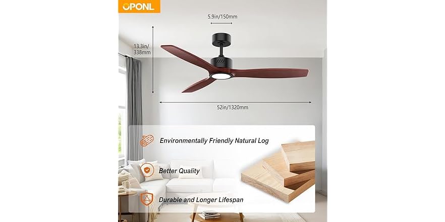 OPONL Natural Solid Wood 52in Ceiling Fan (Open Box)