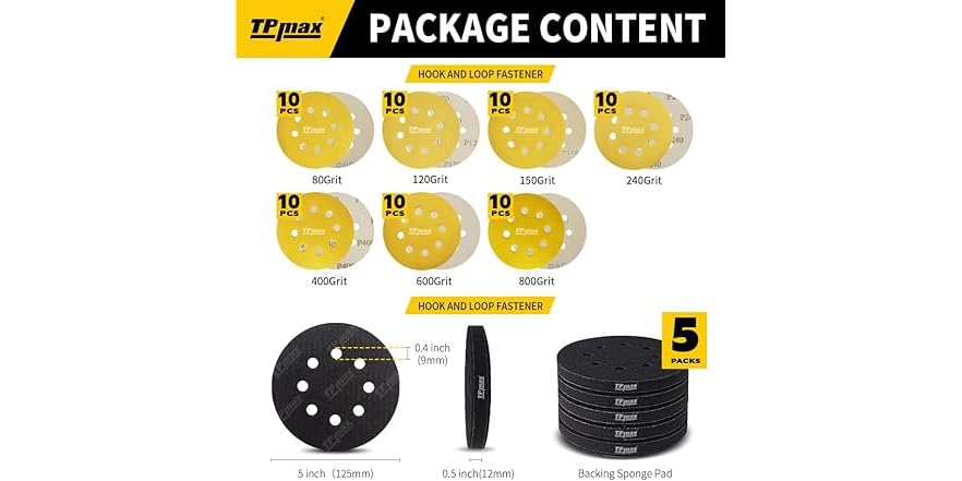 TPmax 70PCS 5 Inch 125mm 8 Hole Sanding Discs