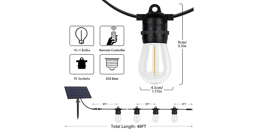 48FT S14 Solar String Lights Outdoor with Remote