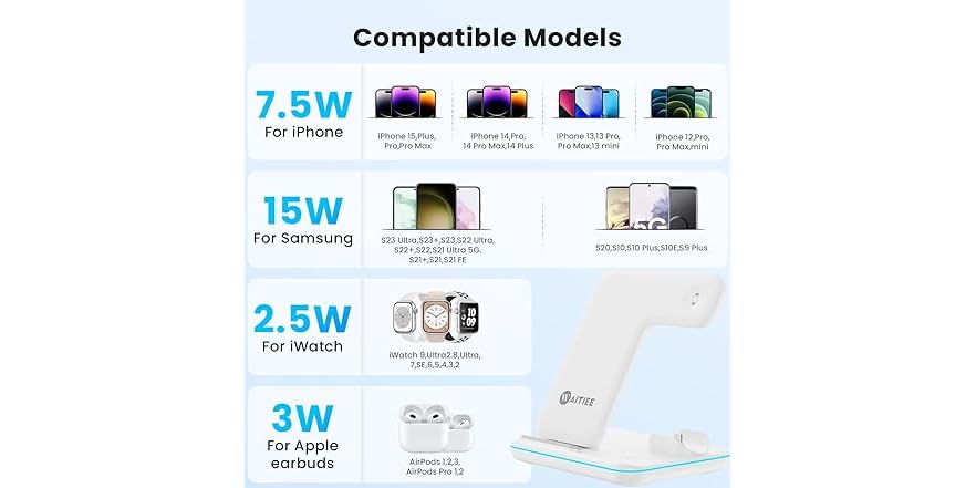 WAITIEE Wireless Charger 3 in 1, 15W Fast Charging Station for Apple ...