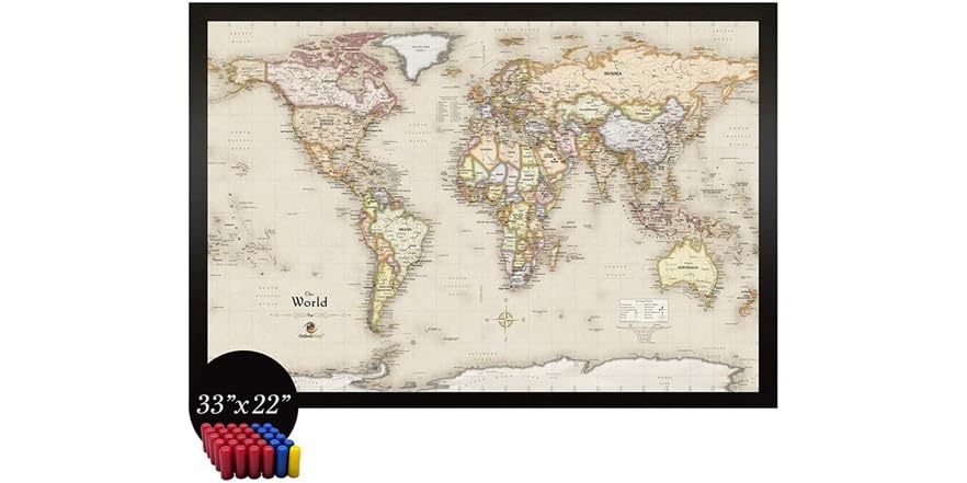 Framed Magnetic World Map | Classic Tan