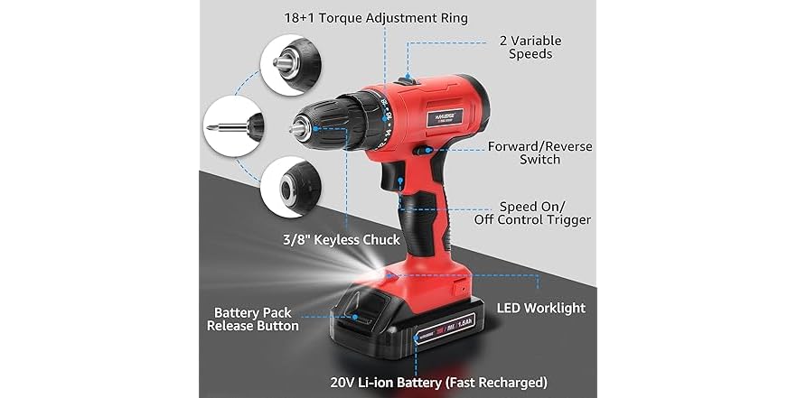 MANUSAGE 20V Cordless 2 Speed Power Drill Kit