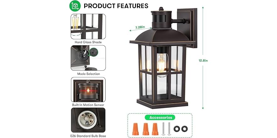13in Motion Sensor Porch Light, Anti-Rust 100% Aluminum Dusk (Open Box)
