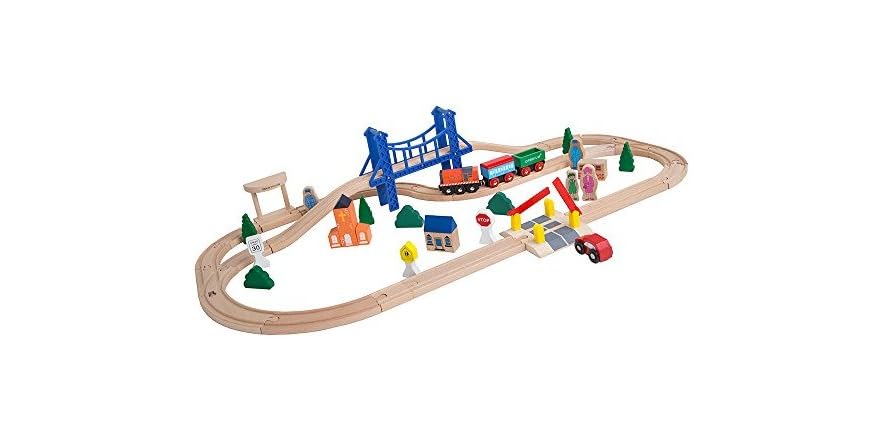 Orbrium Toys 52 Pcs Deluxe Wooden Train…