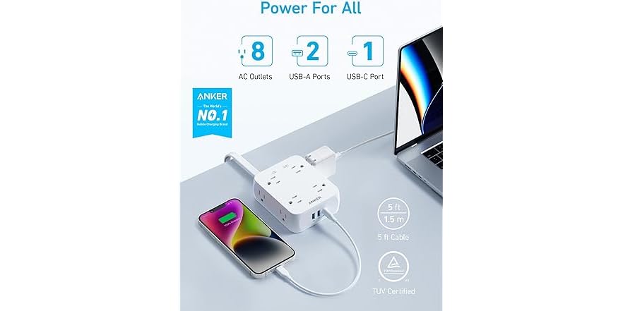 Anker Flat Slim Plug Power Strip (8 Outlets, 3 USB Ports)