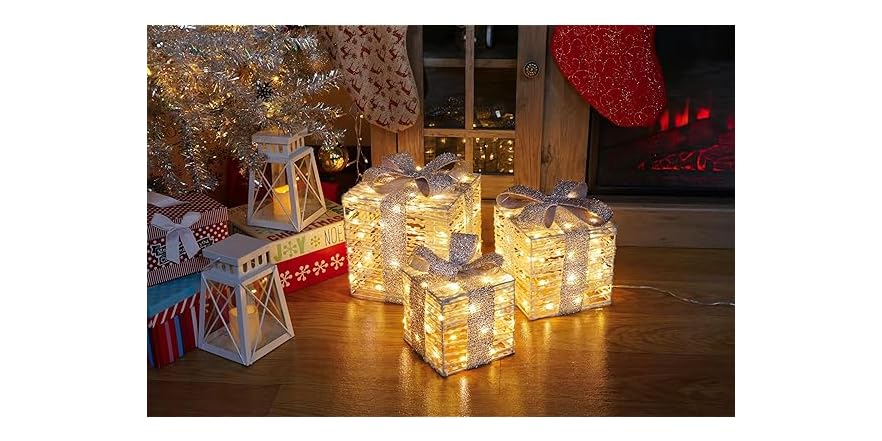 Set of 3 Christmas Lighted Gift Boxes Silver Bow