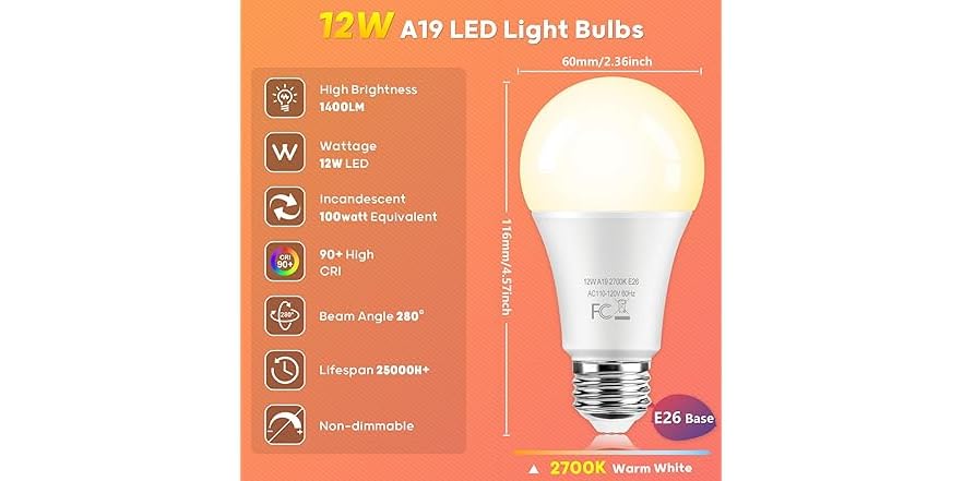 TOBUSA 12-Pack A19 LED Light Bulbs 2700K