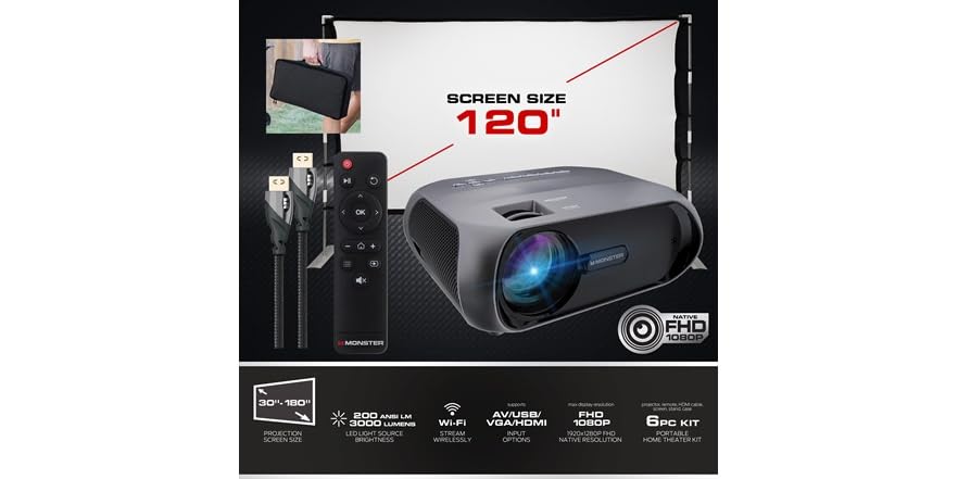 Monster 1080p Projector & 120in Screen