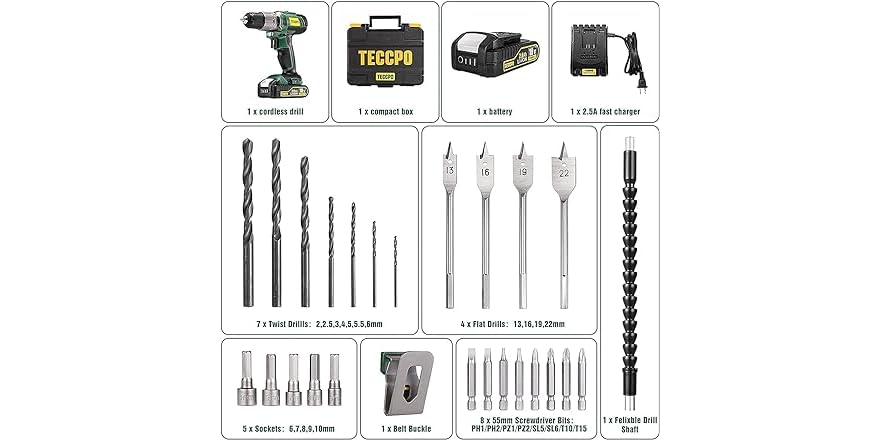 TECCPO Cordless Drill Set, 63Pcs Power Drill Set
