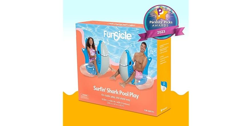 Funsicle Surfin’ Shark Pool Play Inflatable Ride-Ons, Kids & Adults