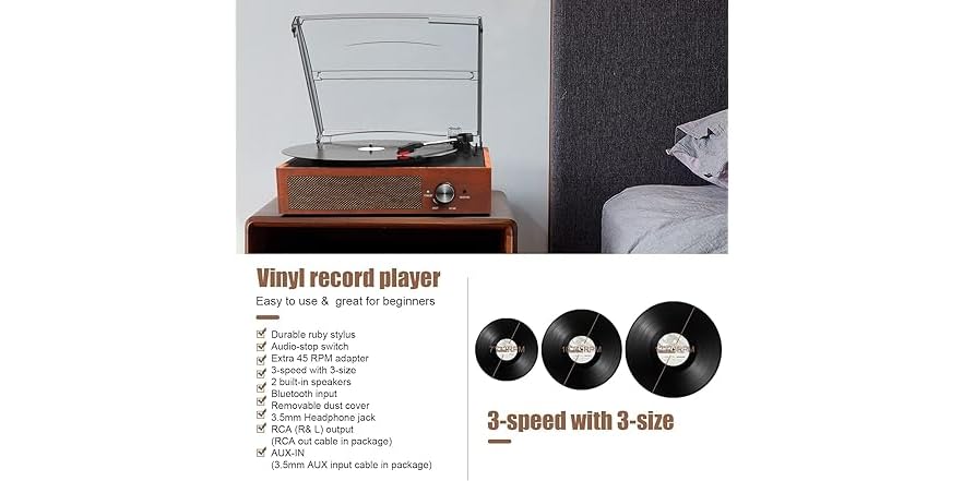 Vinyl Record Player Bluetooth 3-Speed