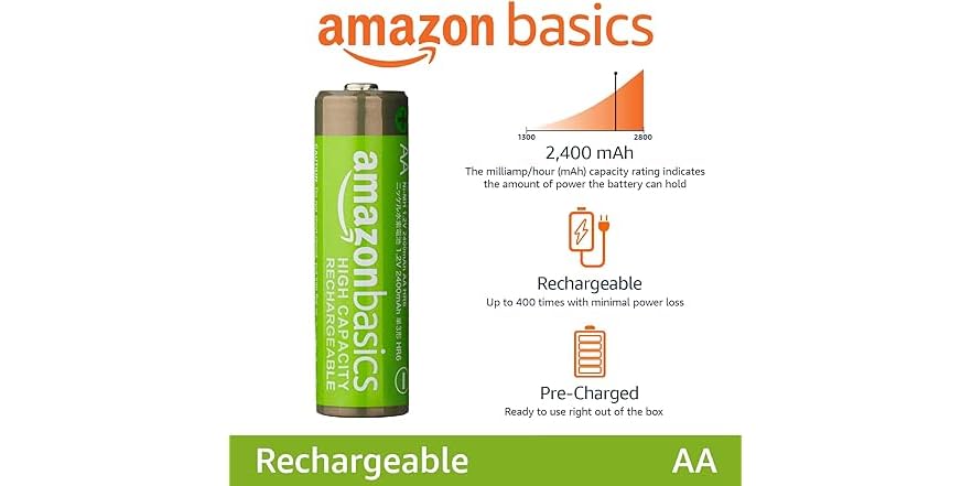 (8 PACK) AmazonBasics AA 2400mAh NiMH High-Capacity Batteries