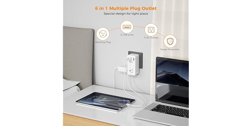 TESSAN Rotating Outlet Extender (3 Outlets, 3 USB Ports)